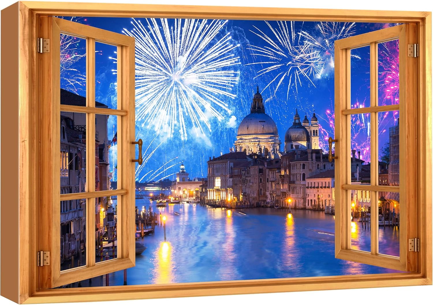 AatoeaX Canvas Print Wall Art Window View Italian Canal Fireworks ...
