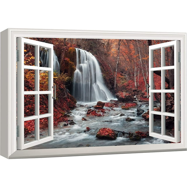 AatoeaX Canvas Print Wall Art Window View Landscape Red Autumn Forest ...