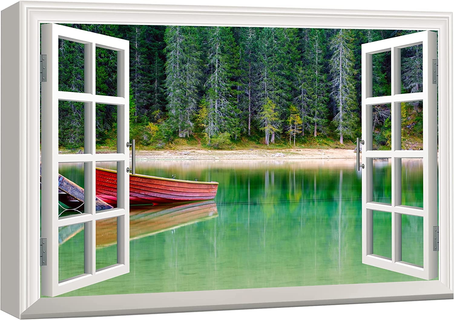 AatoeaX Canvas Print Wall Art Window View Landscape Red Boat on Forest ...
