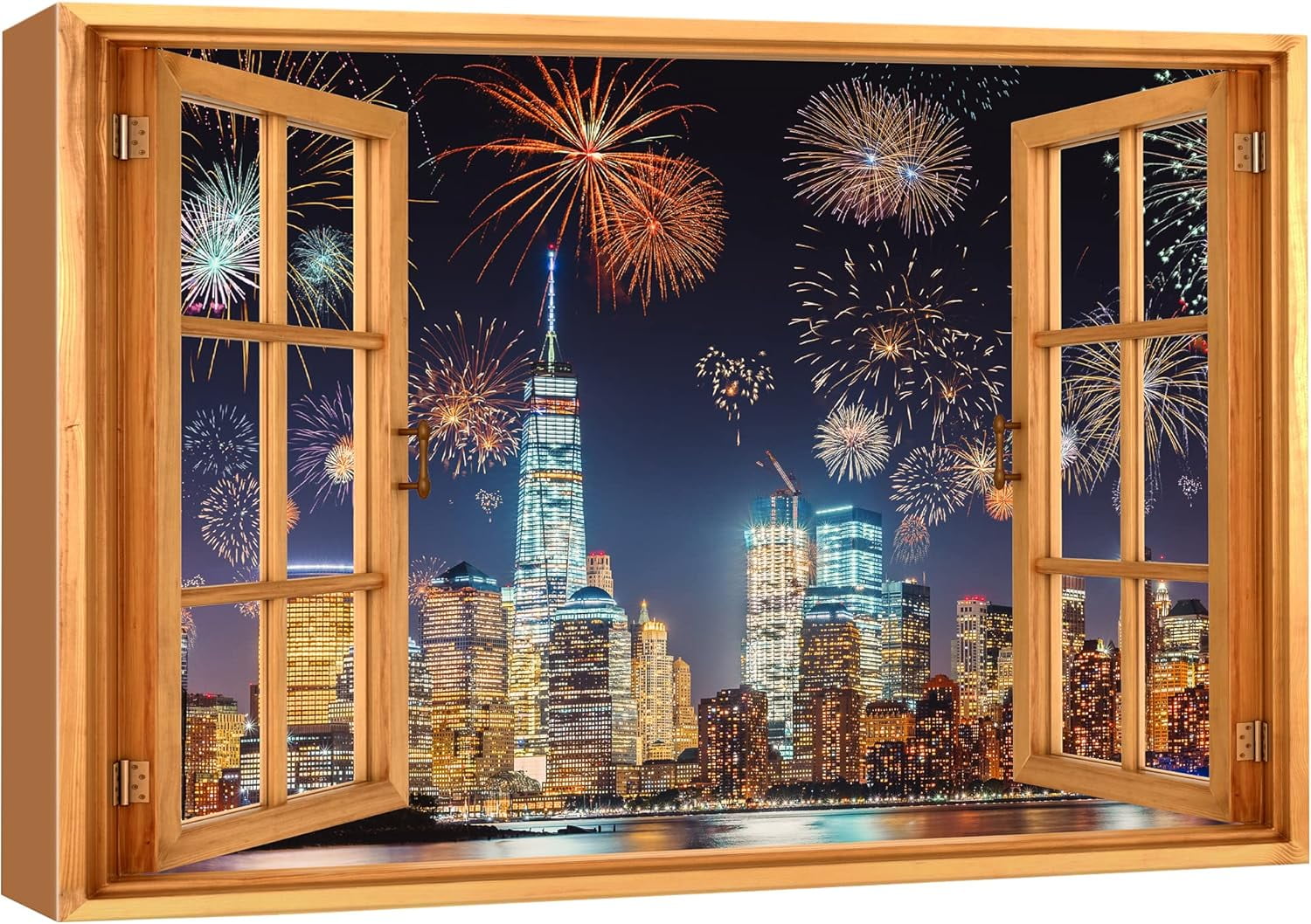 AatoeaX Canvas Print Wall Art Window View NYC 4th of July Night Fireworks Celebrations ...