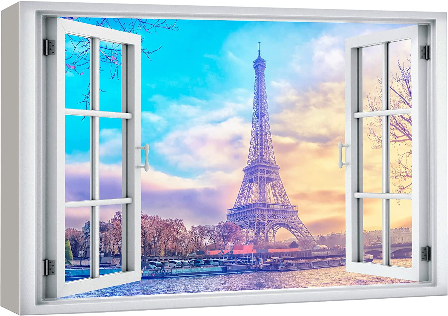 AatoeaX Canvas Print Wall Art Window View Pastel Sunset Eiffel Tower ...