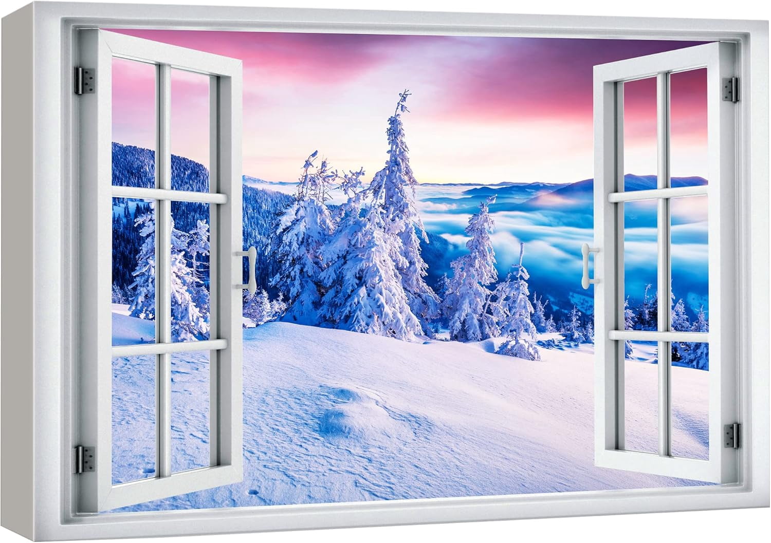 AatoeaX Canvas Print Wall Art Window View Pastel Sunset Snowy Forest ...