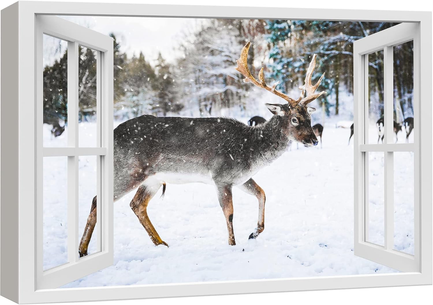 AatoeaX Canvas Print Wall Art Window View Rustic Snowy Winter Moose ...