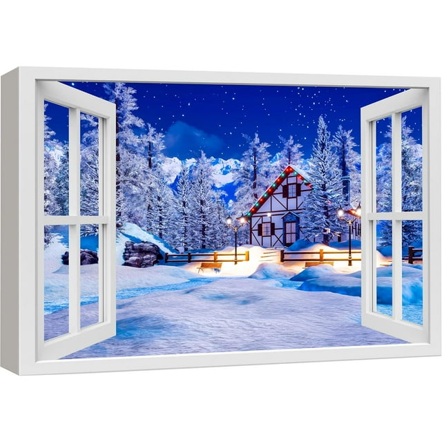 AatoeaX Canvas Print Wall Art Window View Snowy Christmas Forest Village Celebrations & Holidays ...