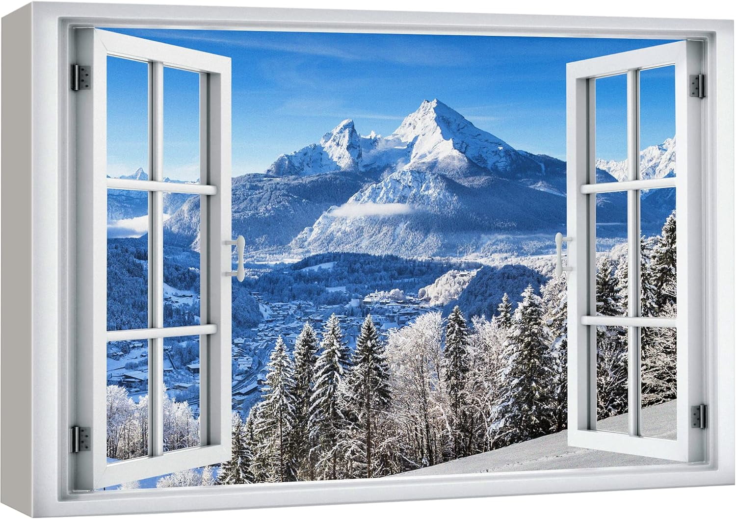 AatoeaX Canvas Print Wall Art Window View Snowy Mountain Range Pine ...