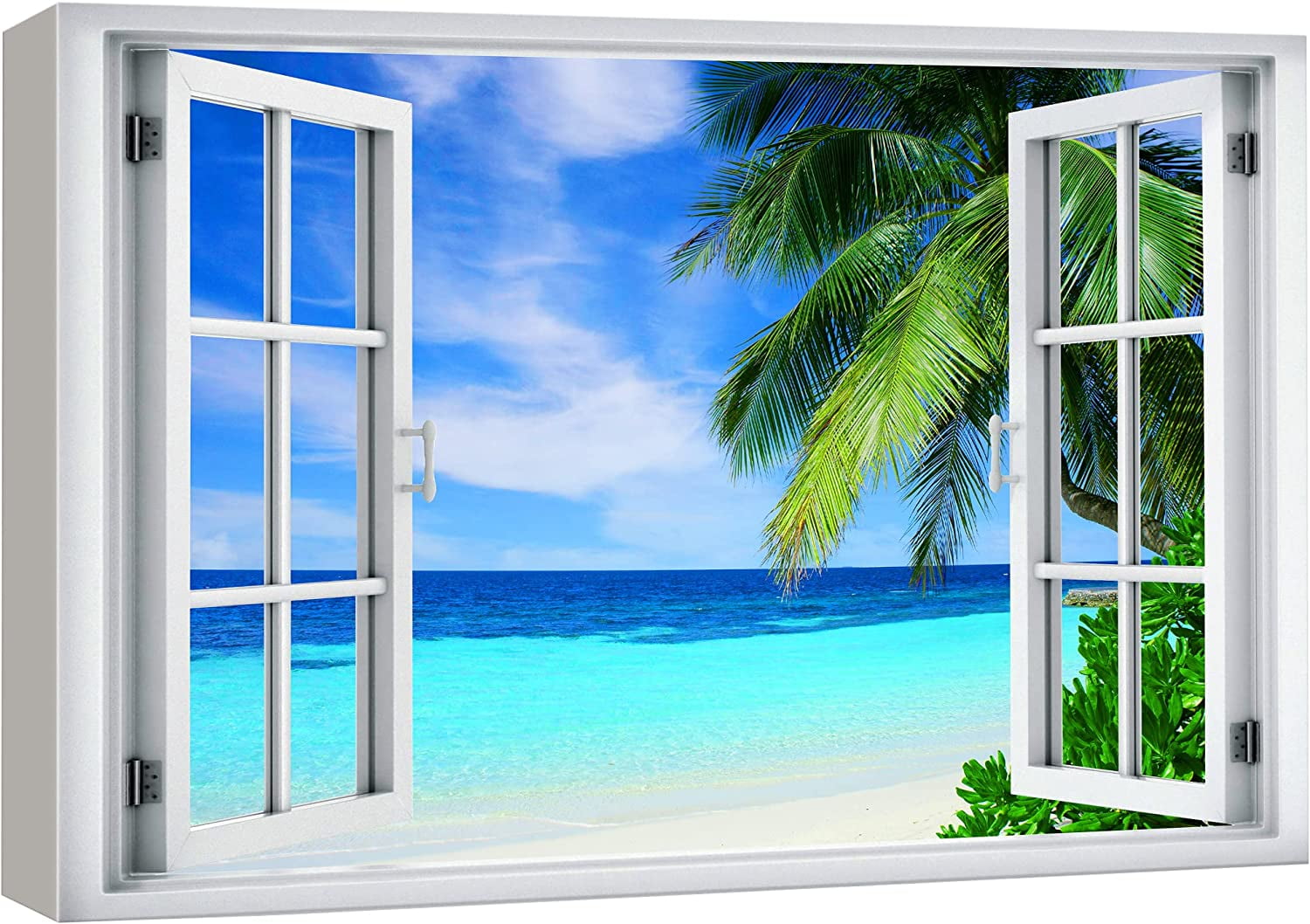 AatoeaX Canvas Print Wall Art Window View Teal Blue Beach Shore ...