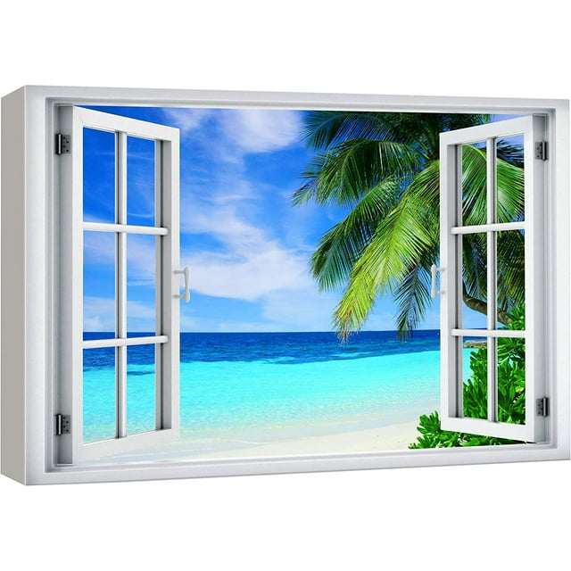 AatoeaX Canvas Print Wall Art Window View Teal Blue Beach Shore ...