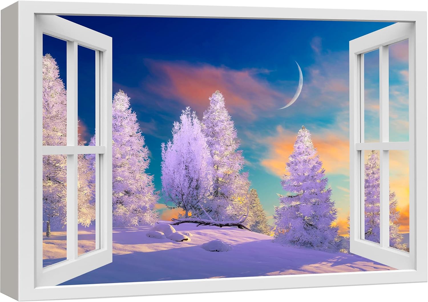AatoeaX Canvas Print Wall Art Window View Vibrant Snowy Pine Tree Moon ...