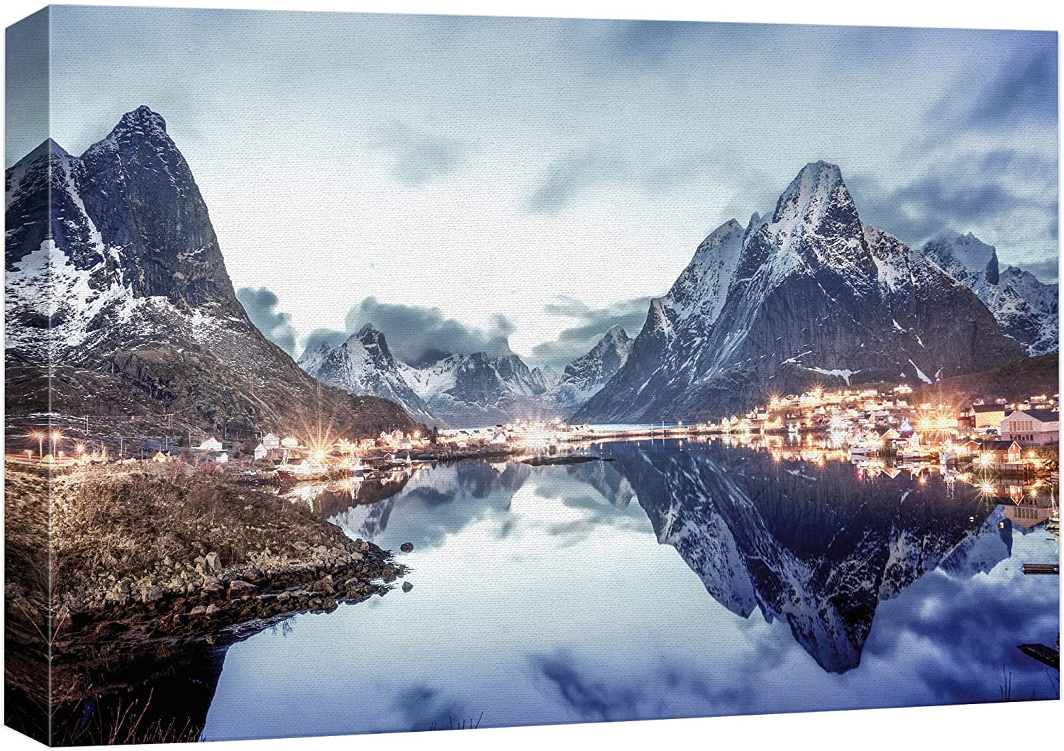 AatoeaX Canvas Print Wall Art Winter Snow Mountain City Light Village ...
