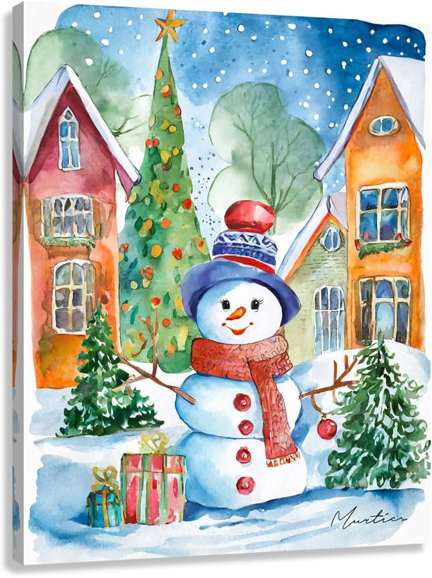 AatoeaX Christmas Snowman Canvas Wall Art, Holiday Xmas Tree Watercolor ...