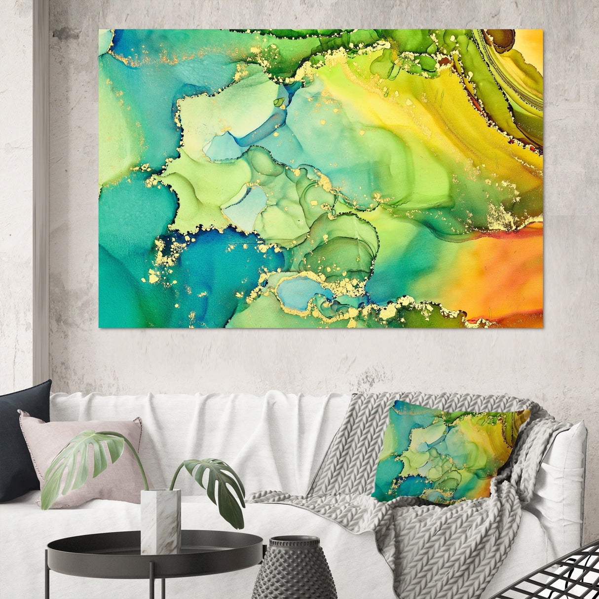 AatoeaX Designart "Green And Yellow Luxury Abstract Fluid Art" Modern ...