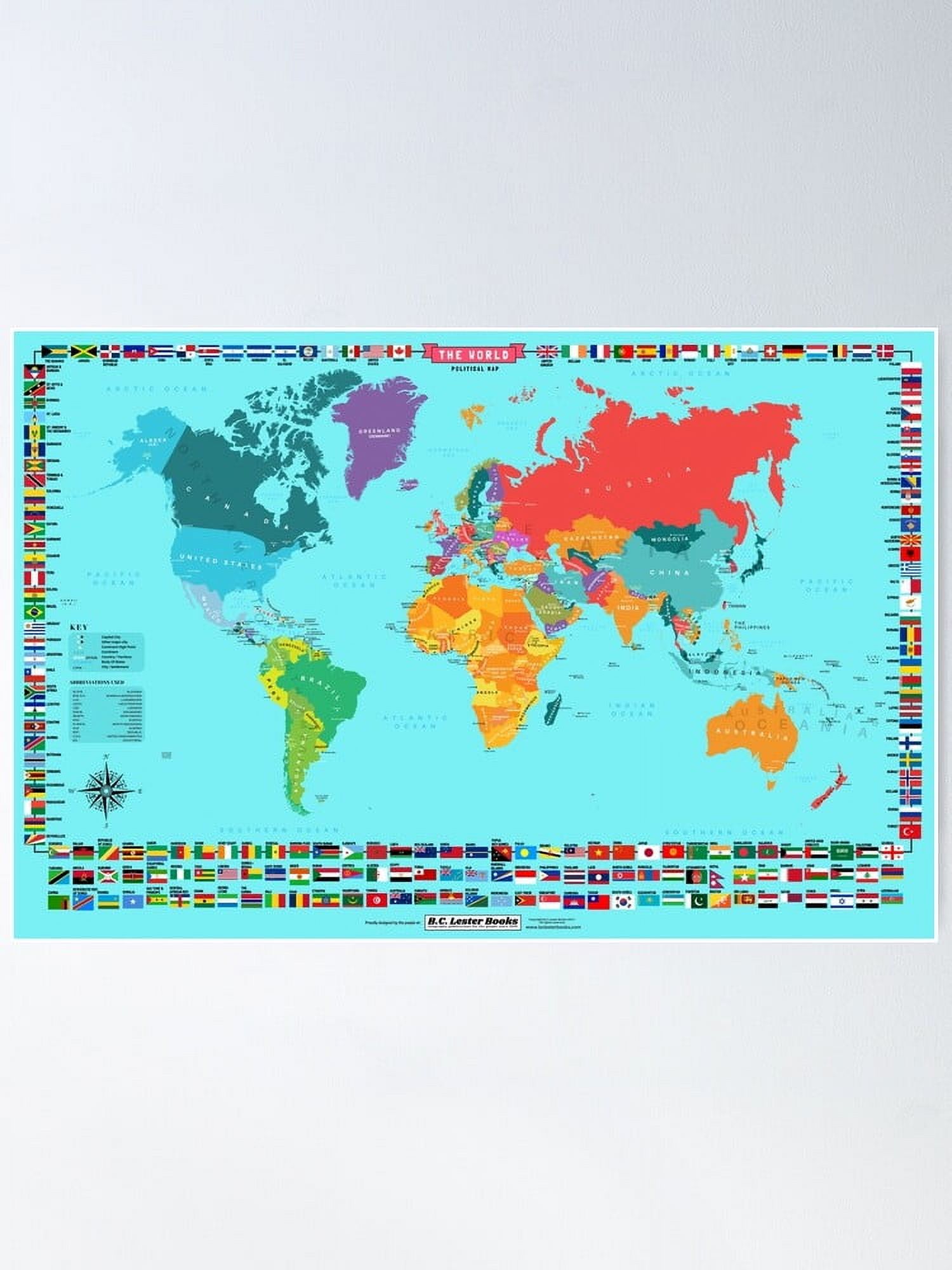 AatoeaX Detailed World Map With Country Flags Poster Modern Wall Art ...