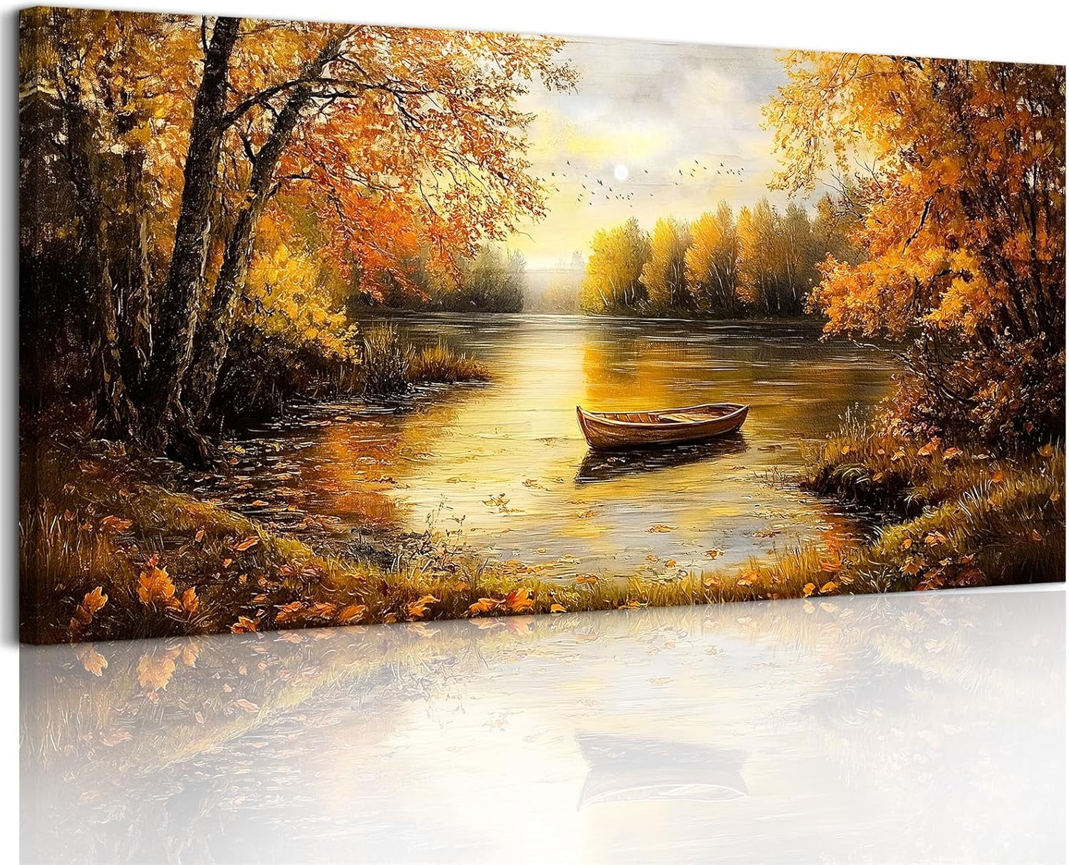 AatoeaX Fall Landscape Canvas Wall Art Living Room, Lake Boat Forest ...