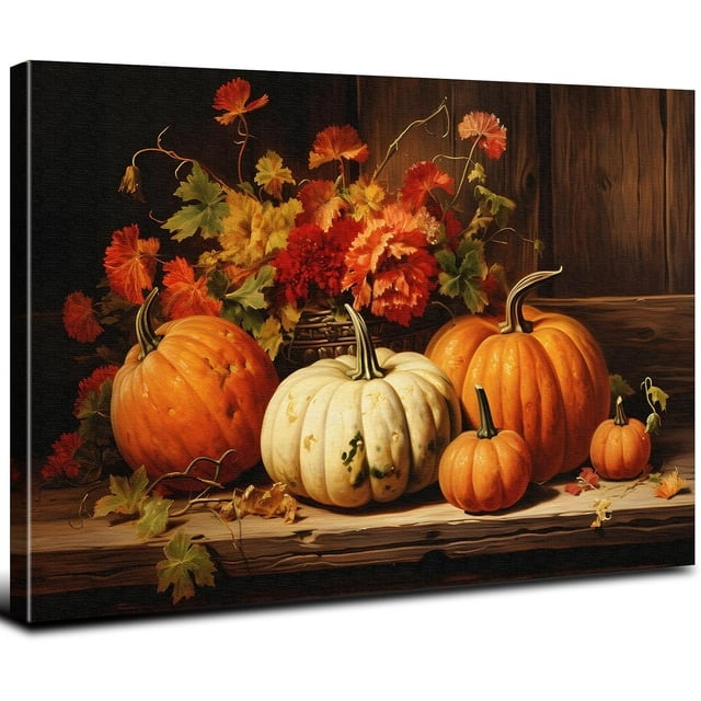AatoeaX Farmhouse Fall Canvas Wall Art, Autumn Country White and Orange ...