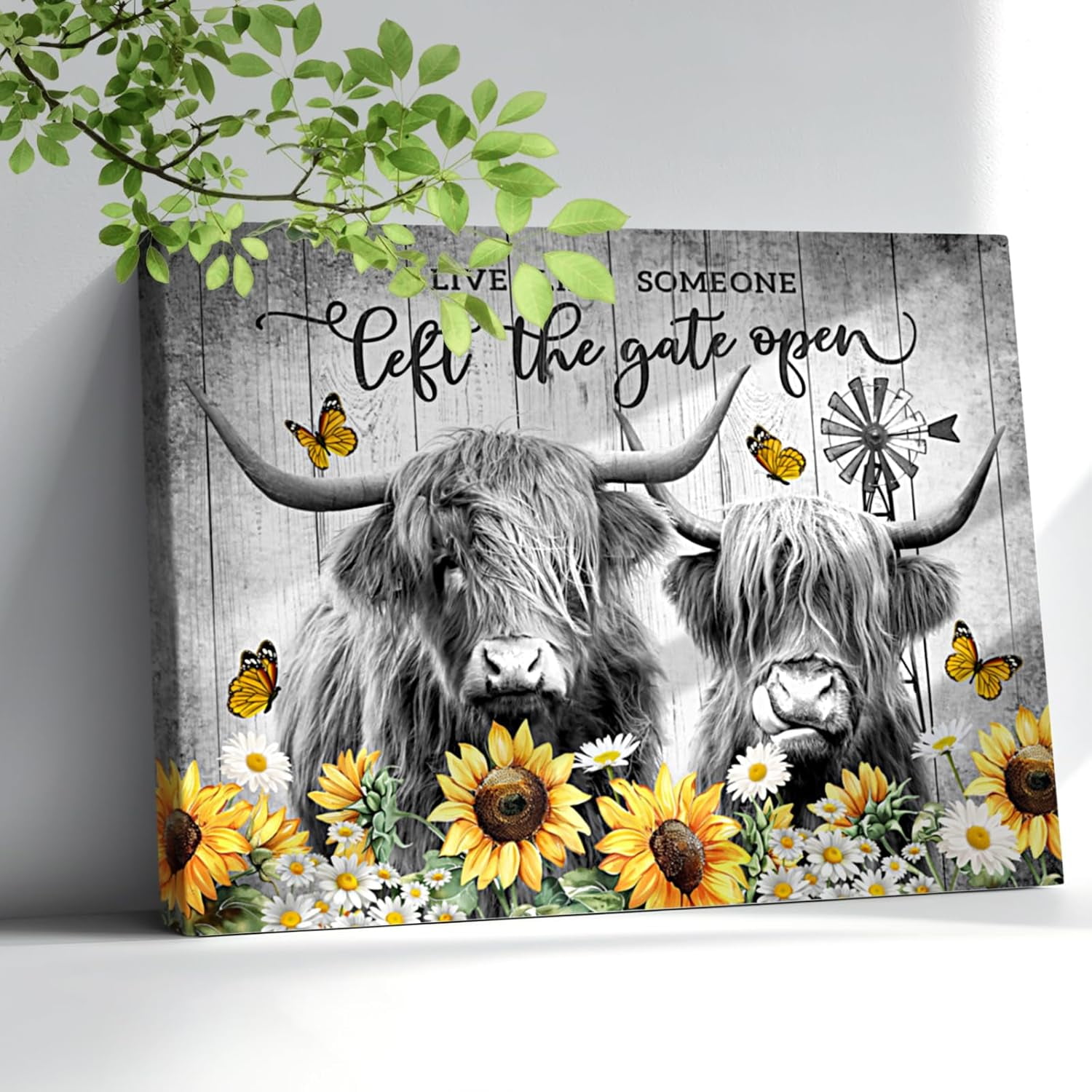 AatoeaX Farmhouse Highland Cow Wall Art Rustic Sunflower Butterfly Cow ...