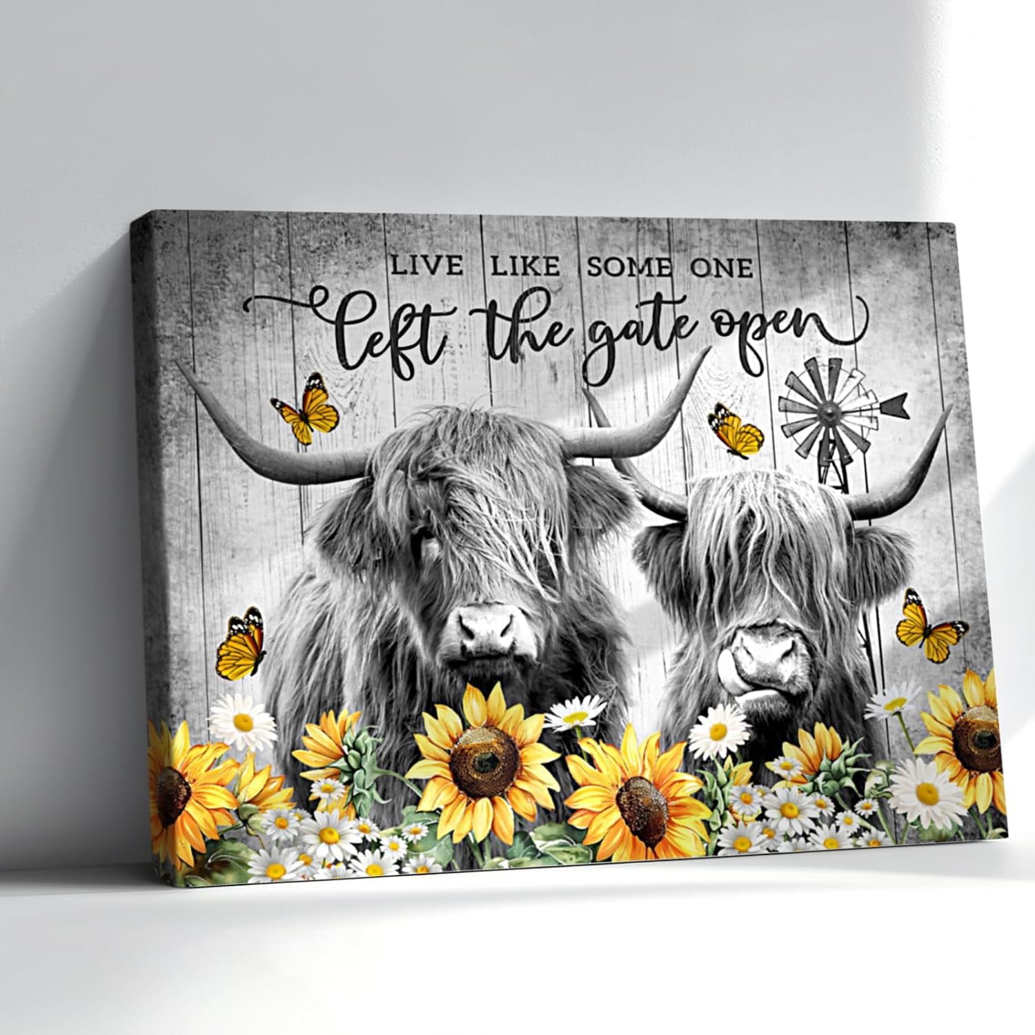 AatoeaX Farmhouse Highland Cow Wall Art Rustic Sunflower Butterfly Cow ...