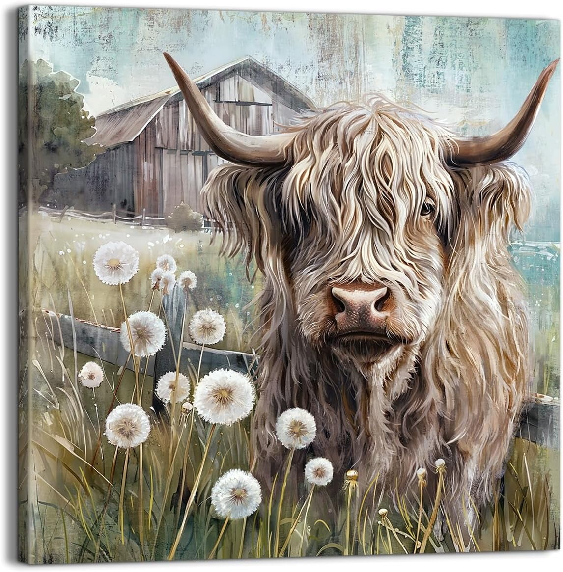 AatoeaX Farmhouse Highland Cow Wall Decor in Neutral colour: Rustic Cow and Dandelion picture ...