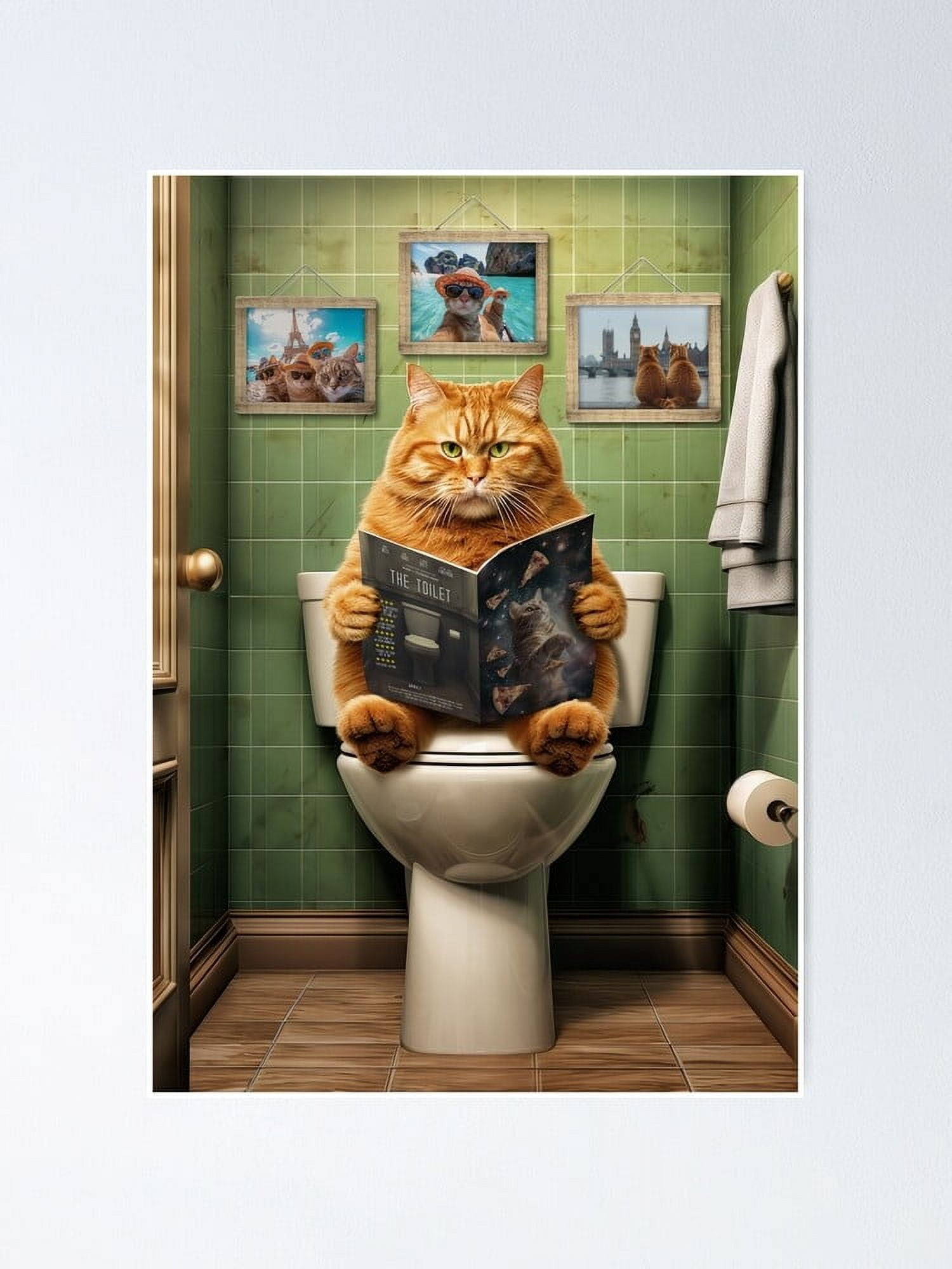 AatoeaX Fat Ginger Cat on the Toilet Funny Bathroom Kitty Art Poster ...