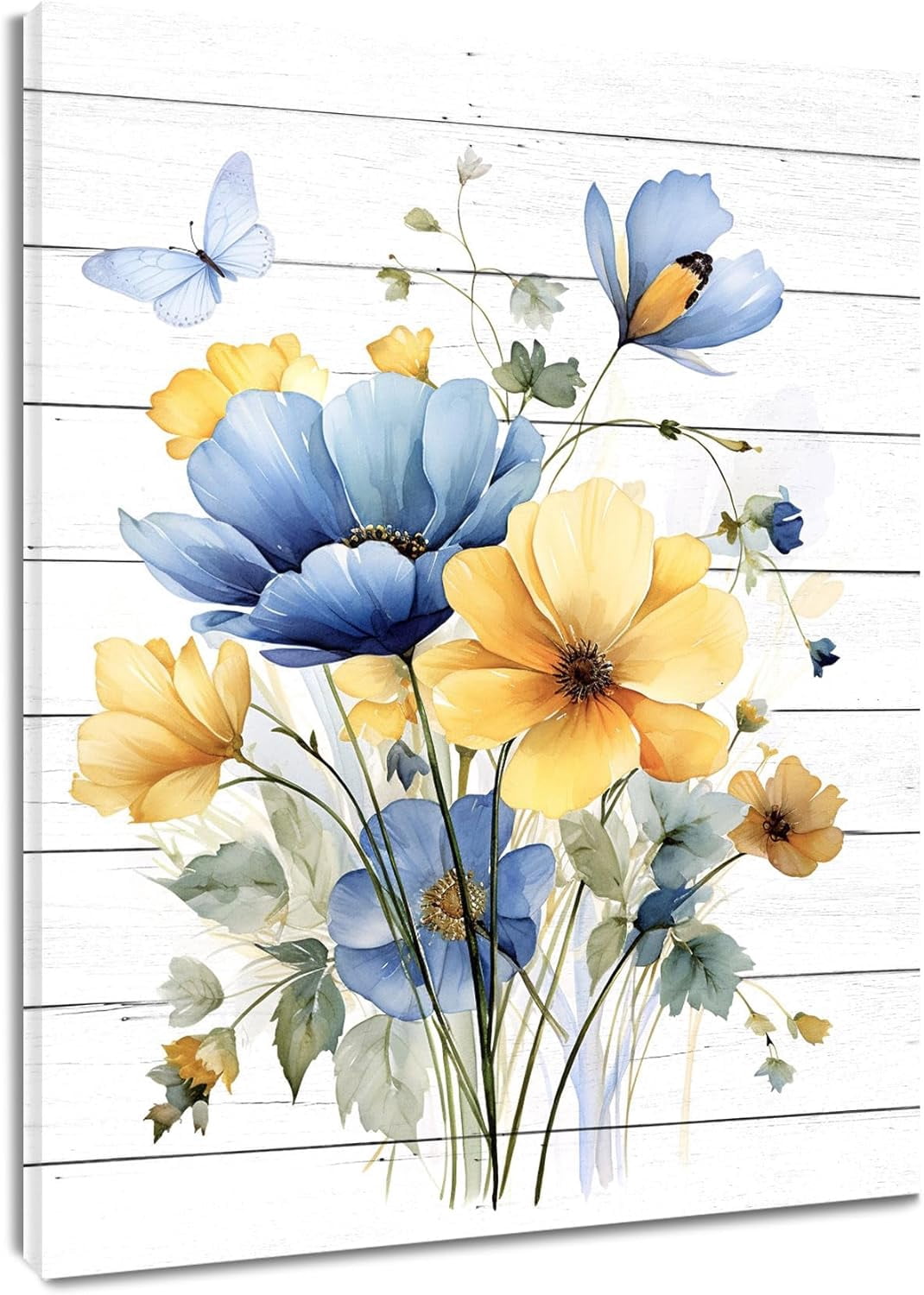 AatoeaX Floral Butterfly Wall Art Blue and Yellow Flower and Leaf on ...