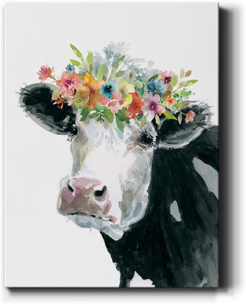 AatoeaX Flower Crown Cow Wall Art, Premium Gallery Wrapped Canvas Decor ...