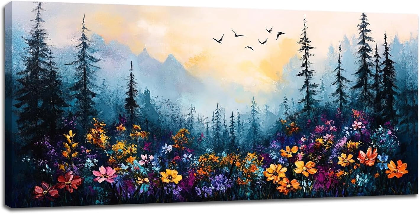 AatoeaX Forest Wall Art Colorful Wildflower Wall Decor Foggy Misty ...