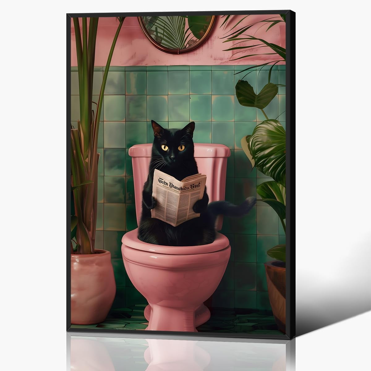 AatoeaX Funky Pink Bathroom Canvas Wall Art, Black Cat Reading ...