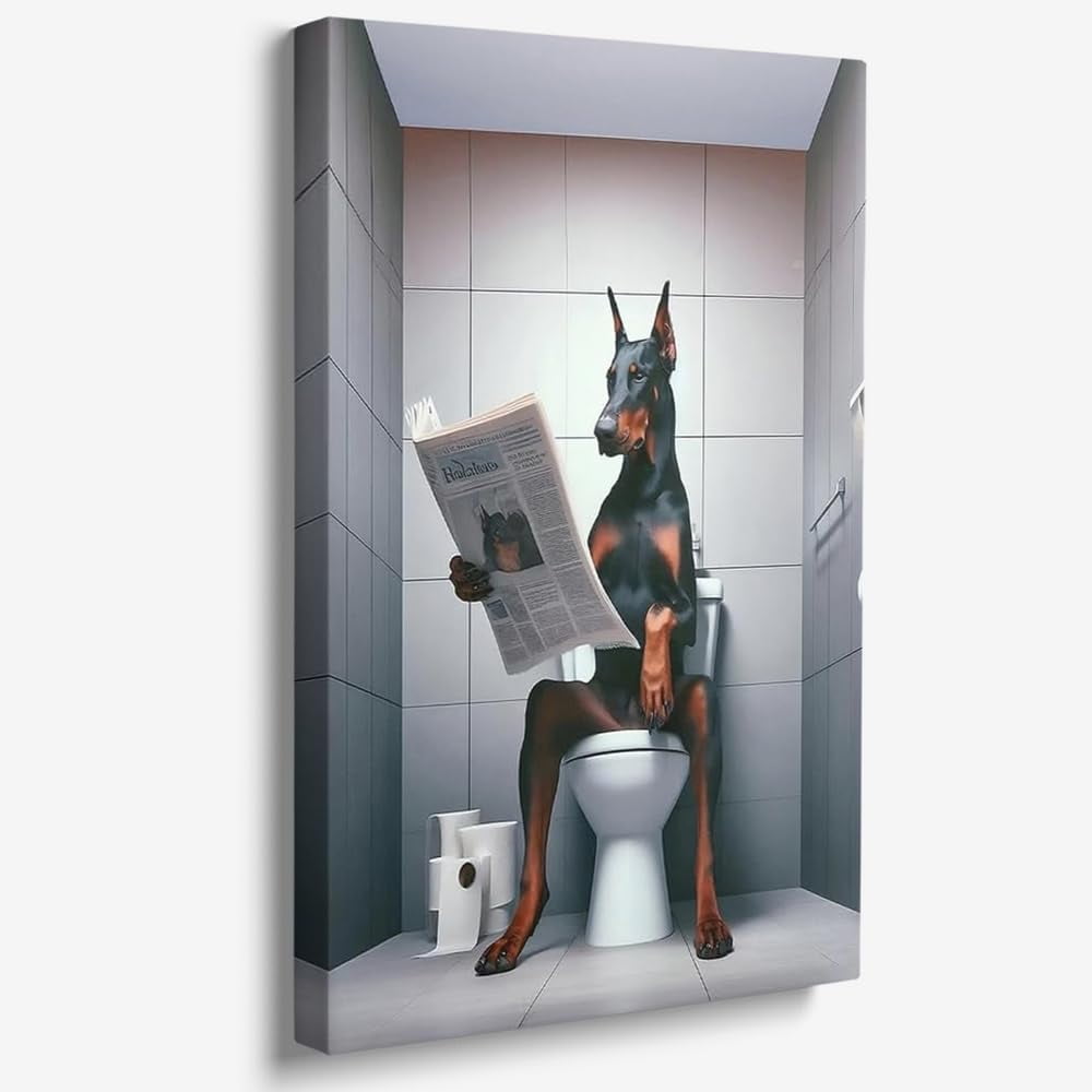 AatoeaX Funny Animal Bathroom Wall Decor Doberman On Toilet Reading ...