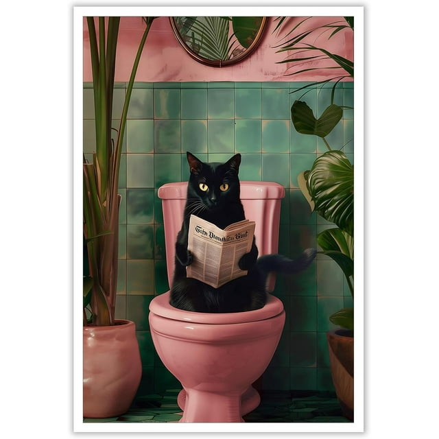 AatoeaX Funny Bathroom Black Cat Wall Art Cute Pets Cat Reading Newspaper On The Toilet ...