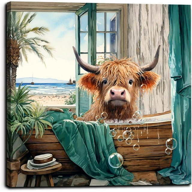 AatoeaX Funny Bathroom Canvas Print Wall Art Decor Highland Cow Picture ...