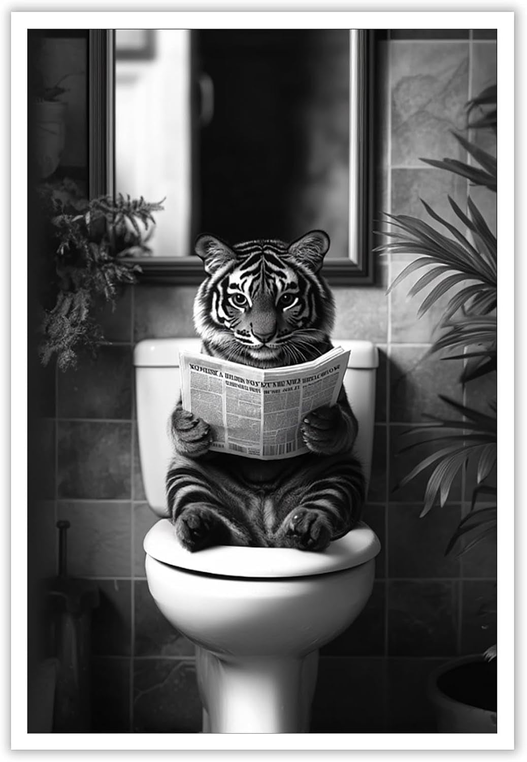 AatoeaX Funny Bathroom Tiger Wall Art Black And White Toilet Reading ...
