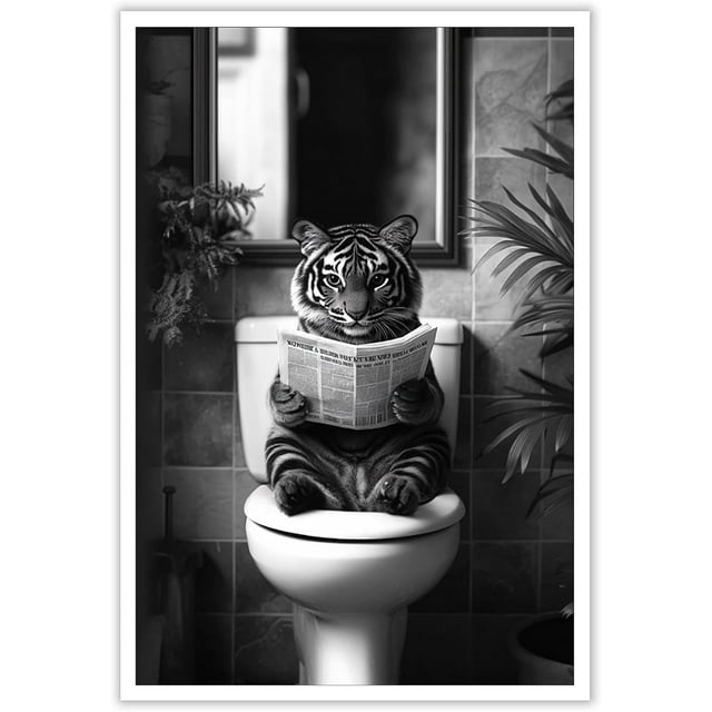 AatoeaX Funny Bathroom Tiger Wall Art Black And White Toilet Reading ...