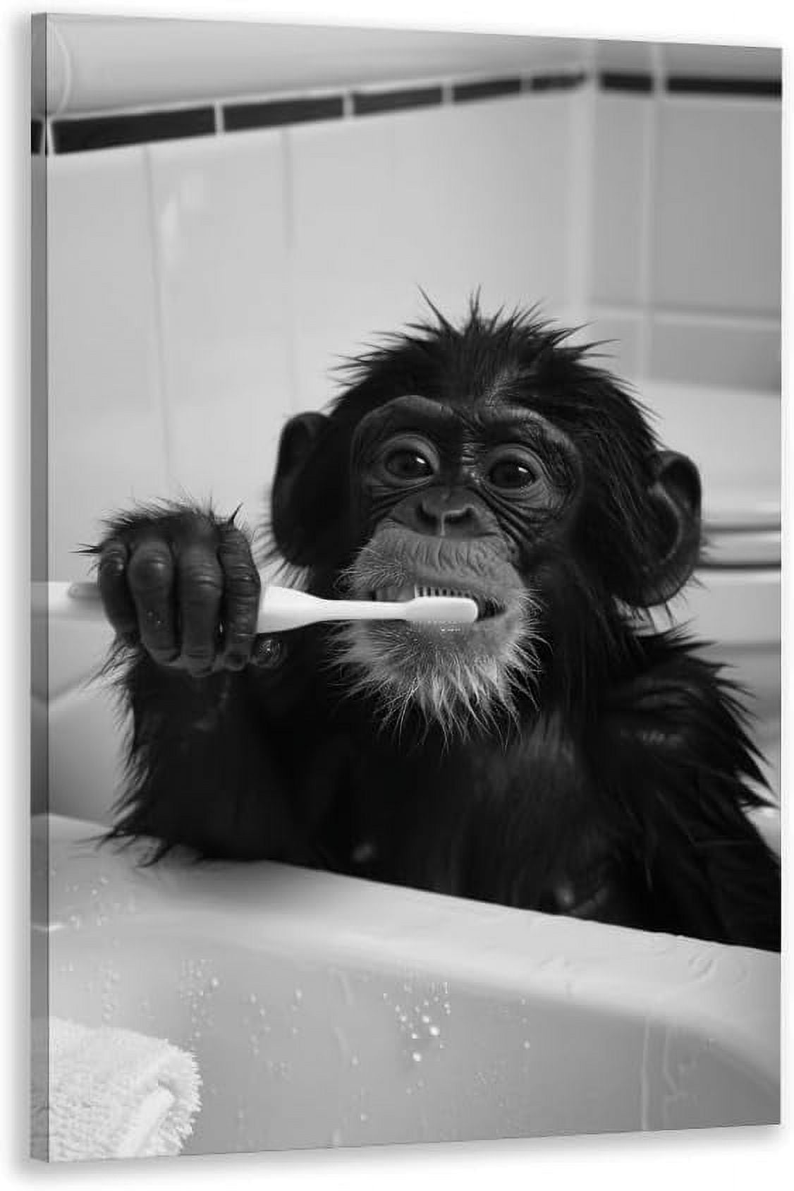 AatoeaX Funny Bathroom wall art Monkey Brushing Teeth Black and White ...
