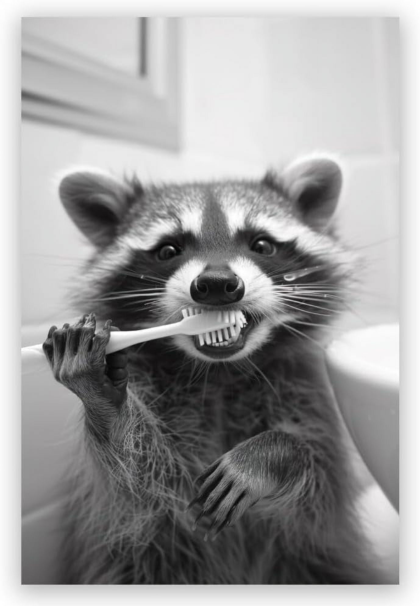 AatoeaX Funny Bathroom wall art Raccoon Brushing Teeth Black and White ...