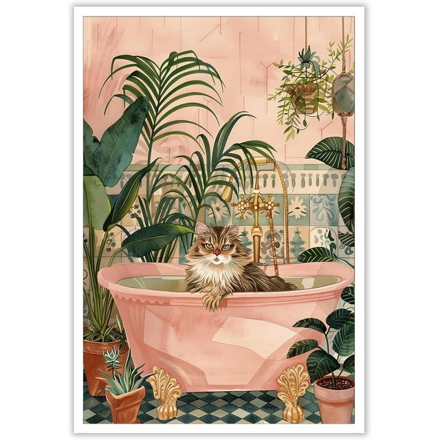 AatoeaX Funny Cat Bathroom Decor Cat Using Bathtub Posters Cute Cat In ...