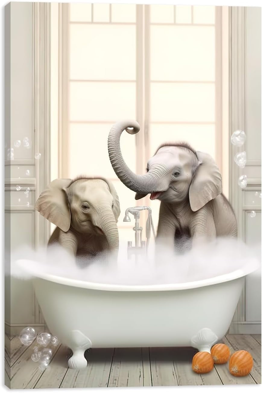 AatoeaX Funny Elephant Bathroom Canvas Wall Art, Elephants in Bathtub ...