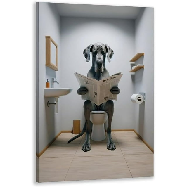 AatoeaX Funny bathroom wall art Photograph of a Great Dane reading the newspaper on the Toilet ...
