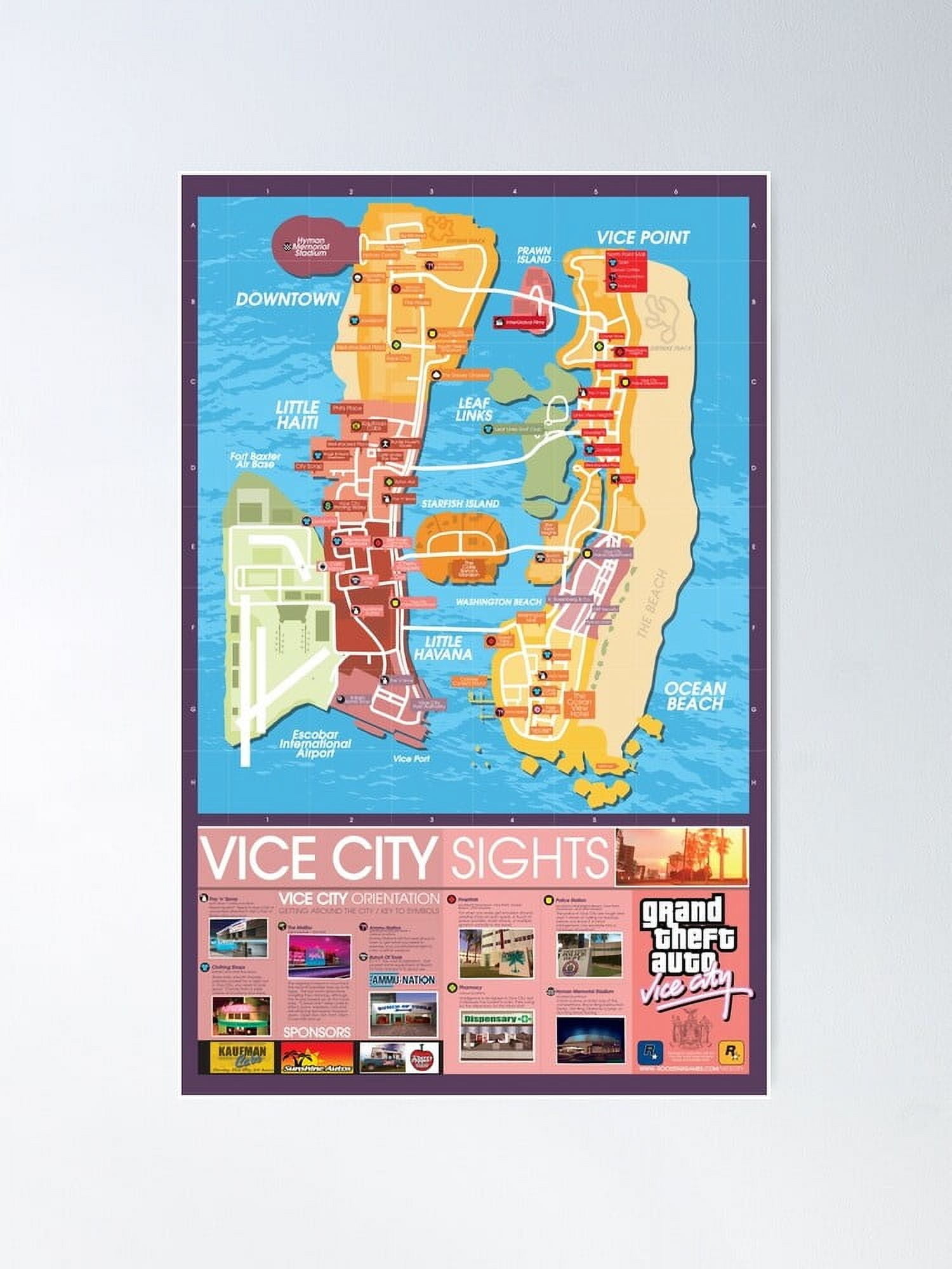 AatoeaX Grand Theft Auto Vice City Map HQ Poster Modern Wall Art Canvas ...