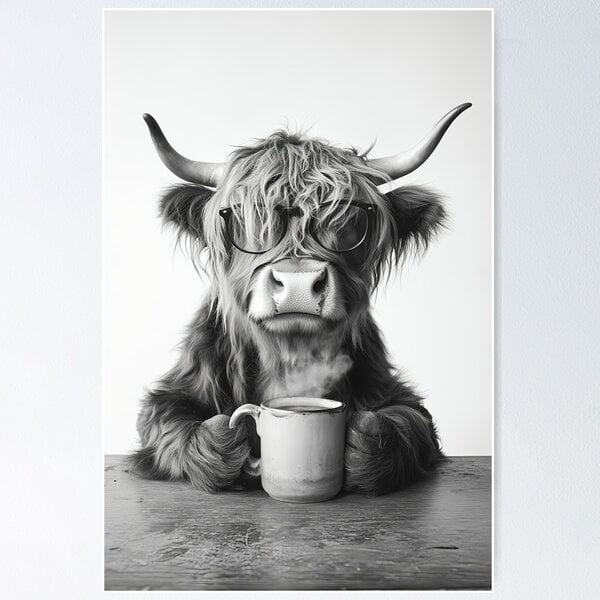 AatoeaX Highland Cow Drinking Coffee, Funny Coffee Lover Photo Poster ...