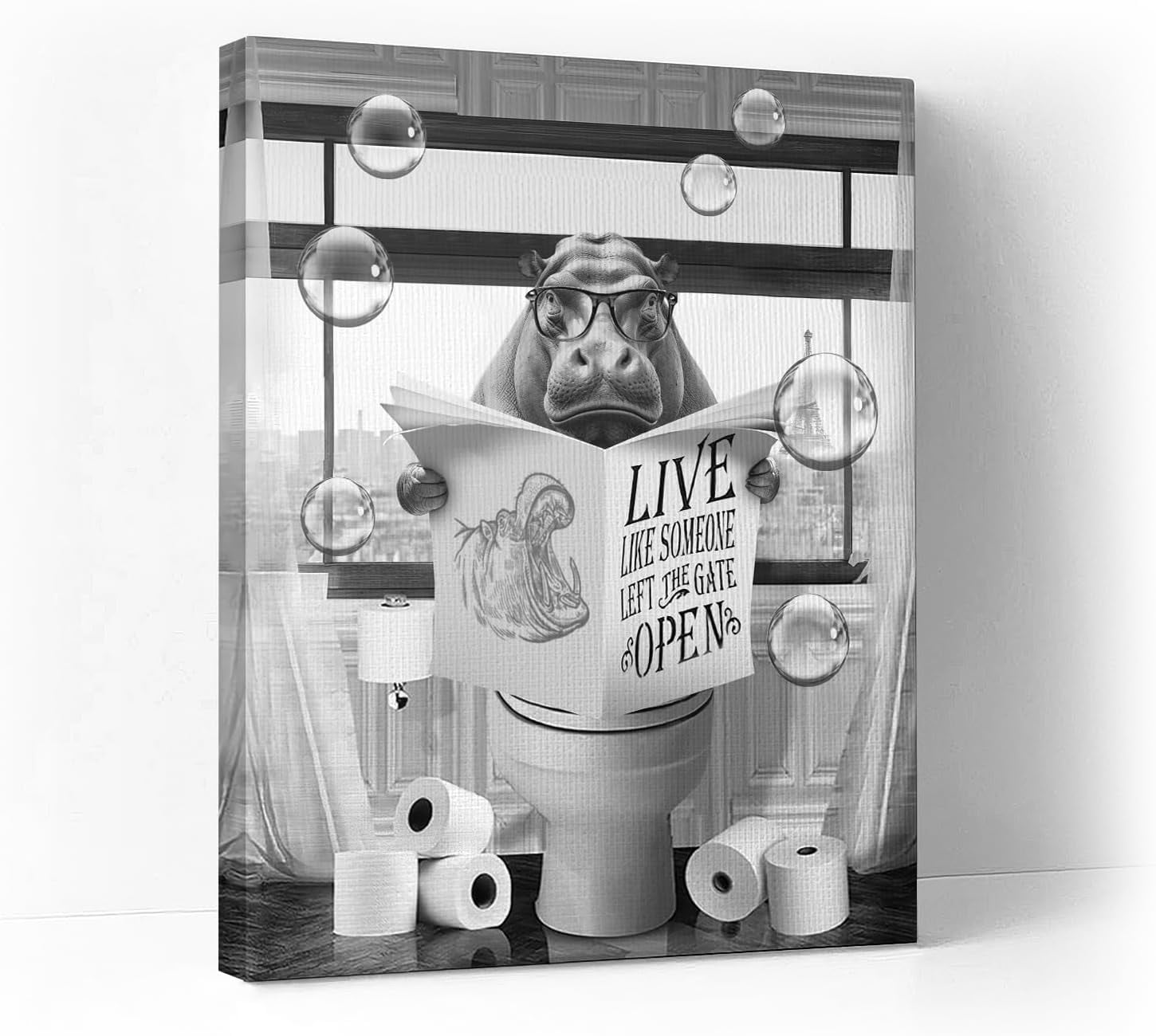 AatoeaX Hippo Bathroom Canvas Wall Art Black And White Hippo Wall Decor ...