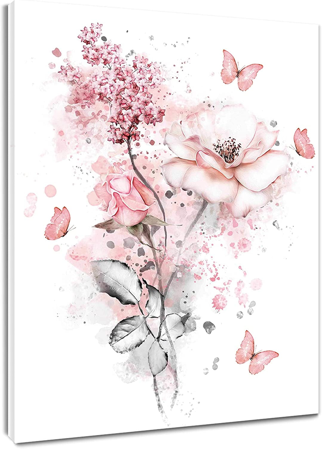 AatoeaX Pink Flower Wall Art Pink Butterfly Grey Leaf Canvas Wall Art ...