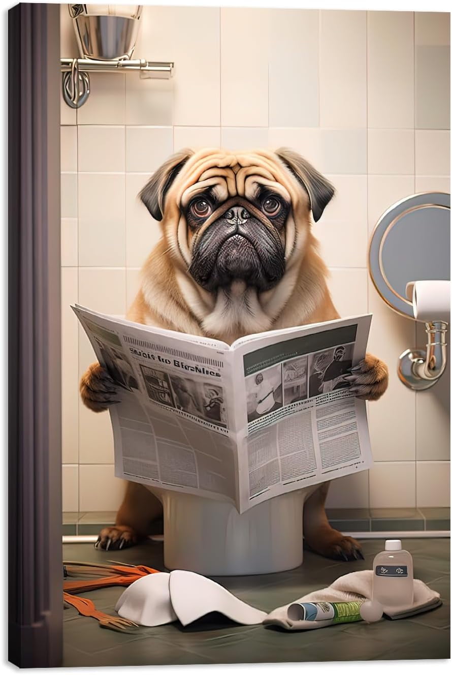 AatoeaX Pug Bathroom Canvas Wall Art, Pug Reading Newspaper on Toilet ...