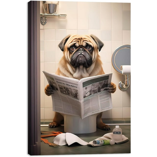AatoeaX Pug Bathroom Canvas Wall Art, Pug Reading Newspaper on Toilet ...