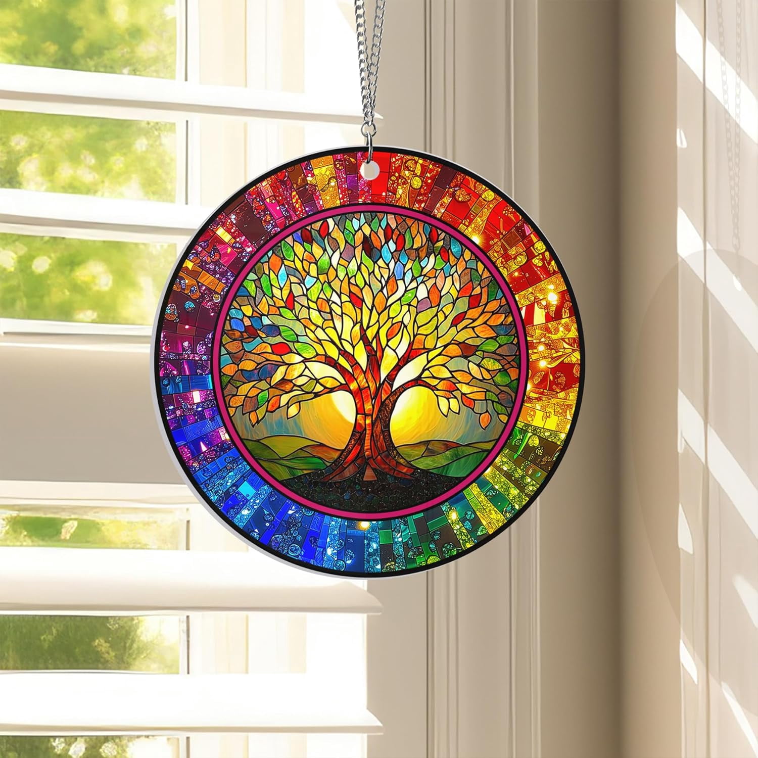 AatoeaX Rainbow Tree of Life Stained - Glass Ornament: Vibrant Colorful ...