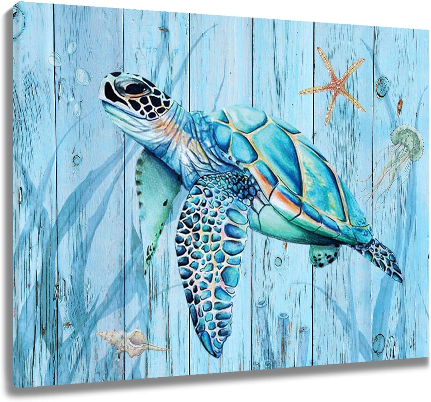 AatoeaX Sea Turtle Canvas Wall Art Turtle and Seashell Seastar on Blue ...