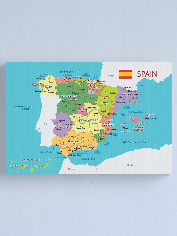 AatoeaX Spain map with regions and main cities Canvas Print Modern Wall ...