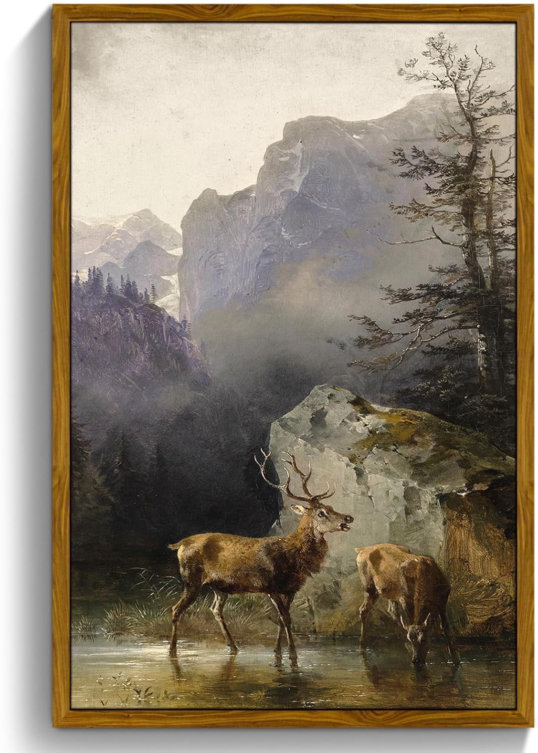 AatoeaX Wall Art, Deers Drinking Vintage Canvas Painting, Mountain Mist ...