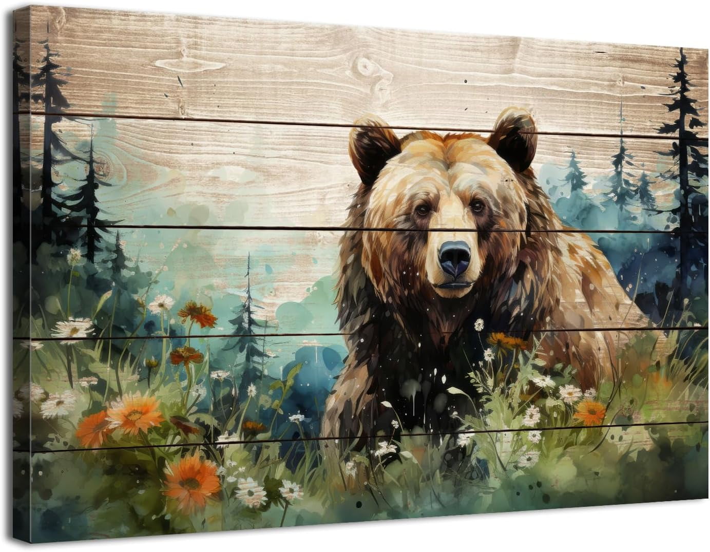 AatoeaX Watercolor Forest Landscape Wall Art Cute Bear Wildflower ...