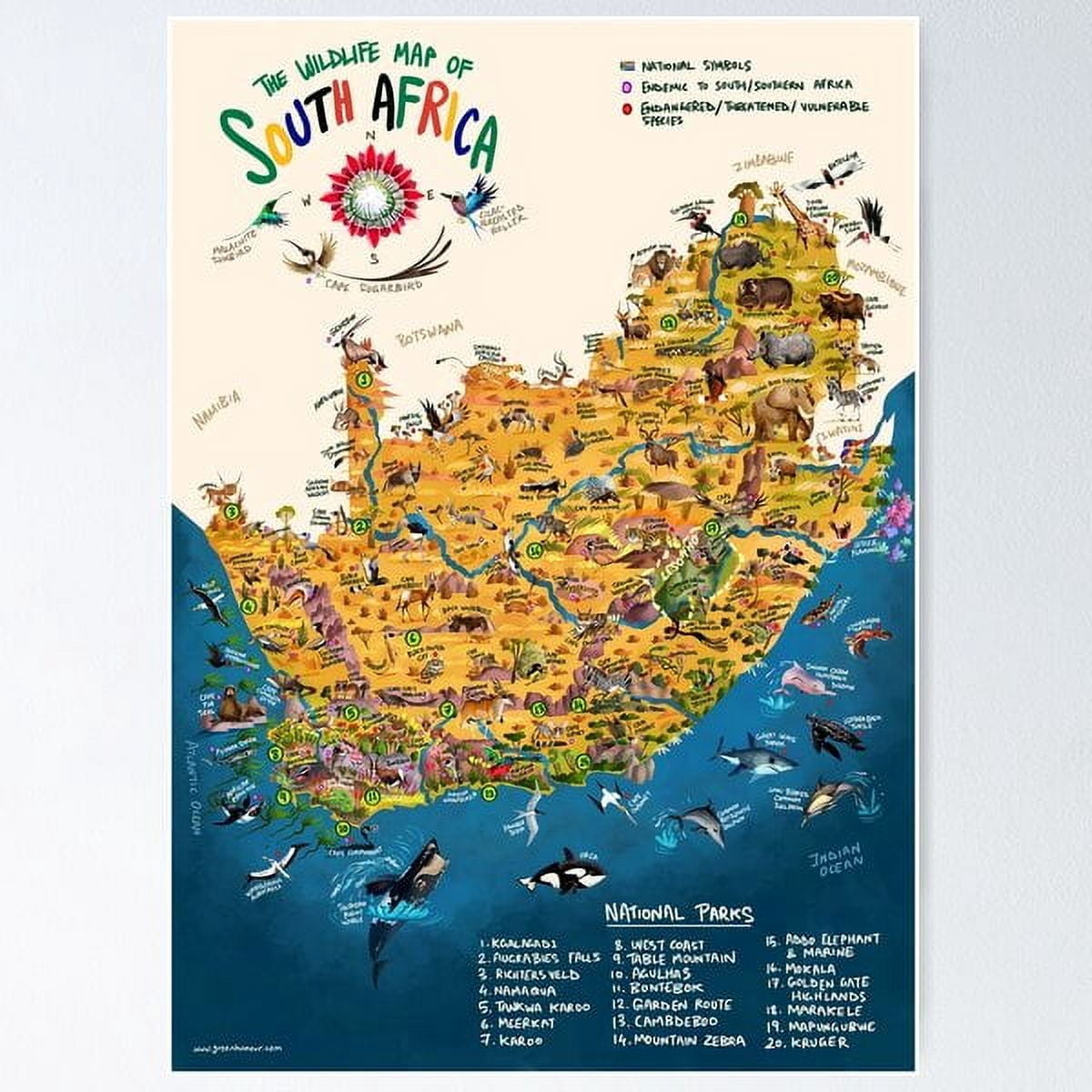 AatoeaX Wildlife Map of South Africa Poster Aesthetic Home Decor ...