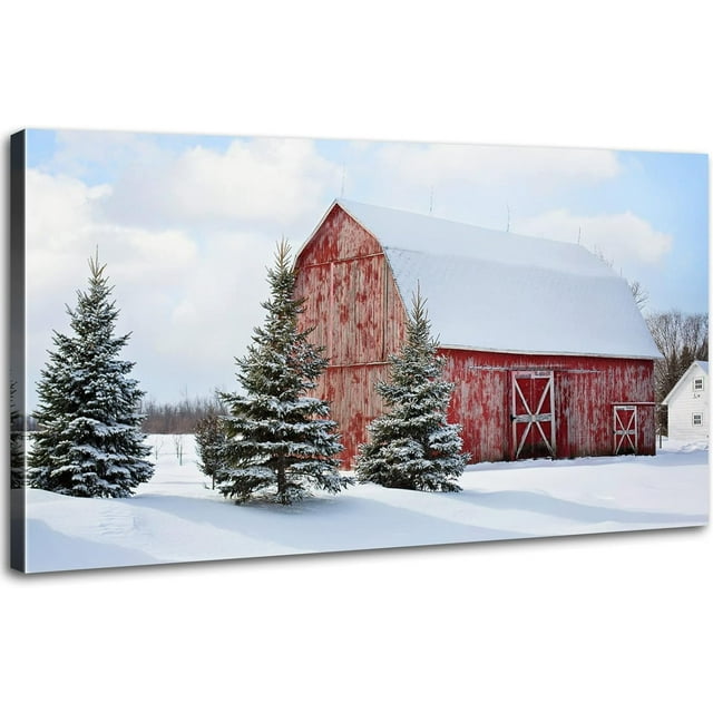 AatoeaX Winter Wall Art Red Barn Wall Decor Snowy Country Landscape ...