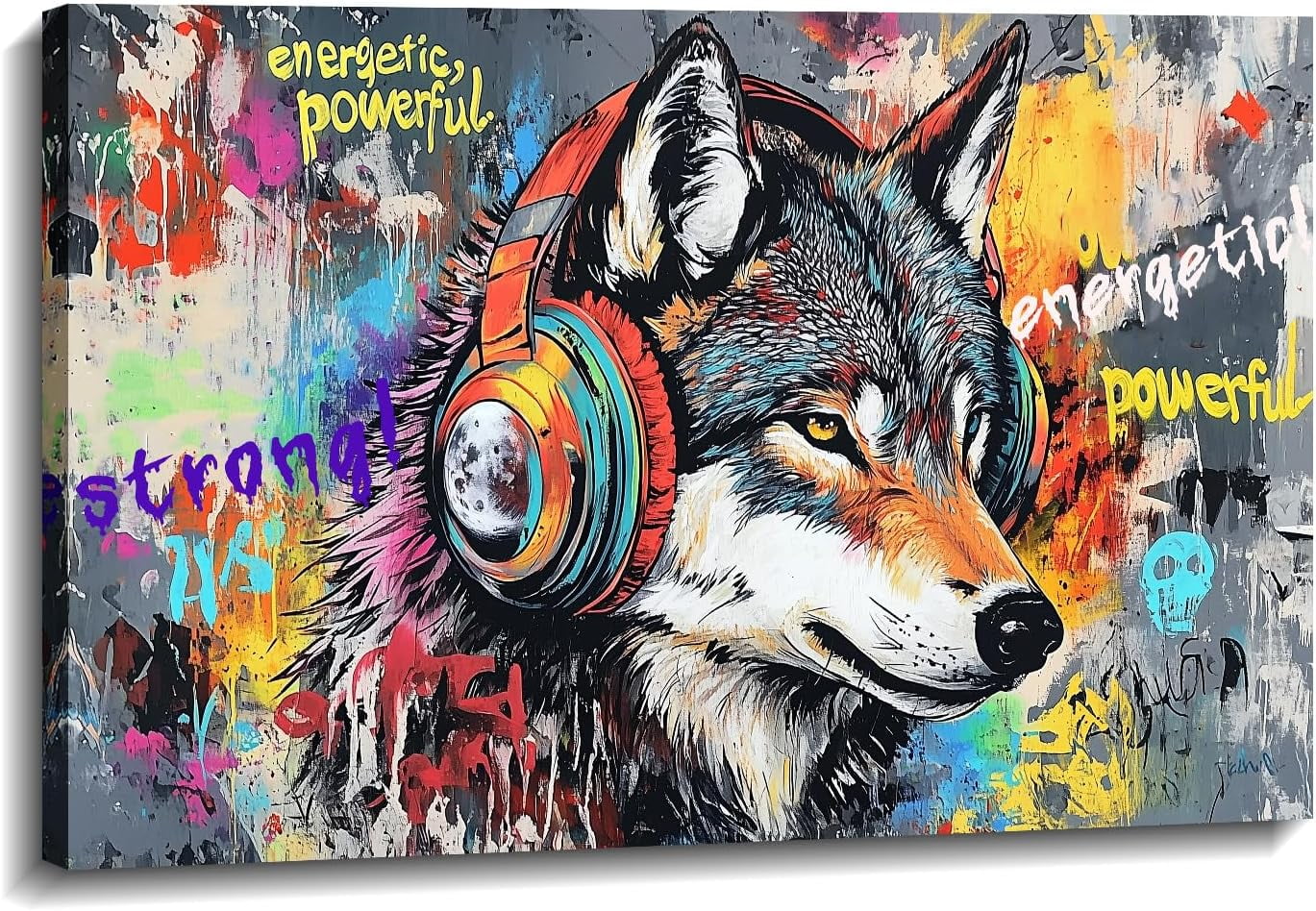 AatoeaX Wolf Canvas Wall Art - Wolf Wall Decor Graffiti Picture Funny Animal Listen to Music ...